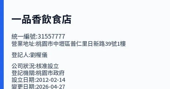 一品香飲食店的照片-統編 31557777(桃園市) 公司登記資料與營業項目詳細圖表