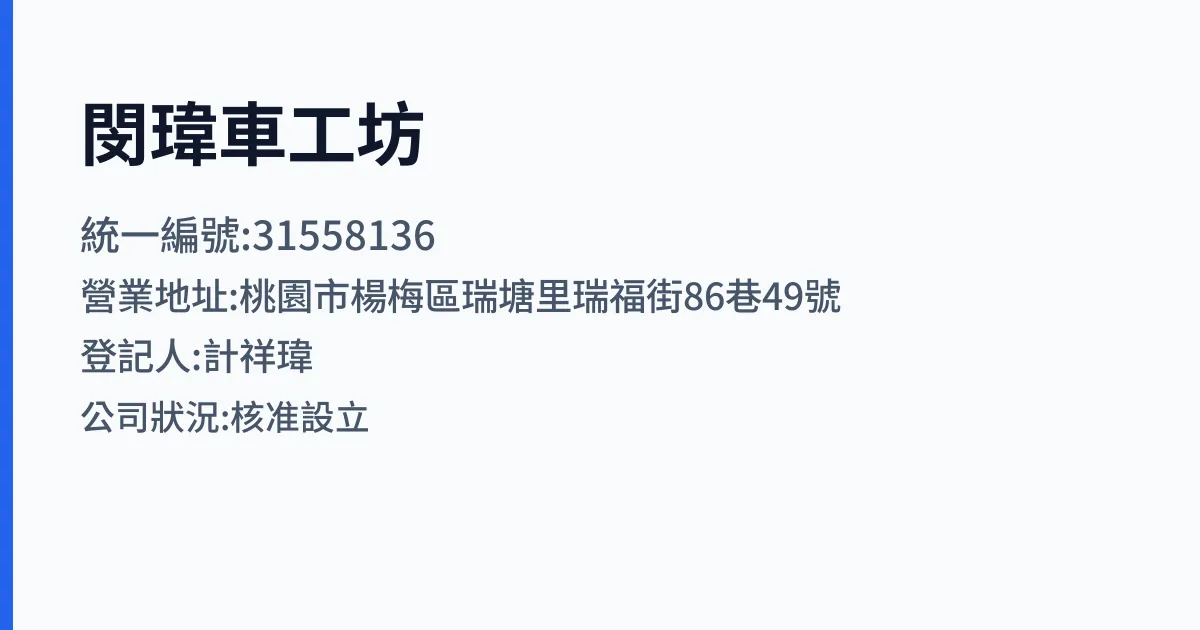 閔瑋車工坊 - 統編 31558136(桃園市) 公司登記資料與營業項目詳細圖表