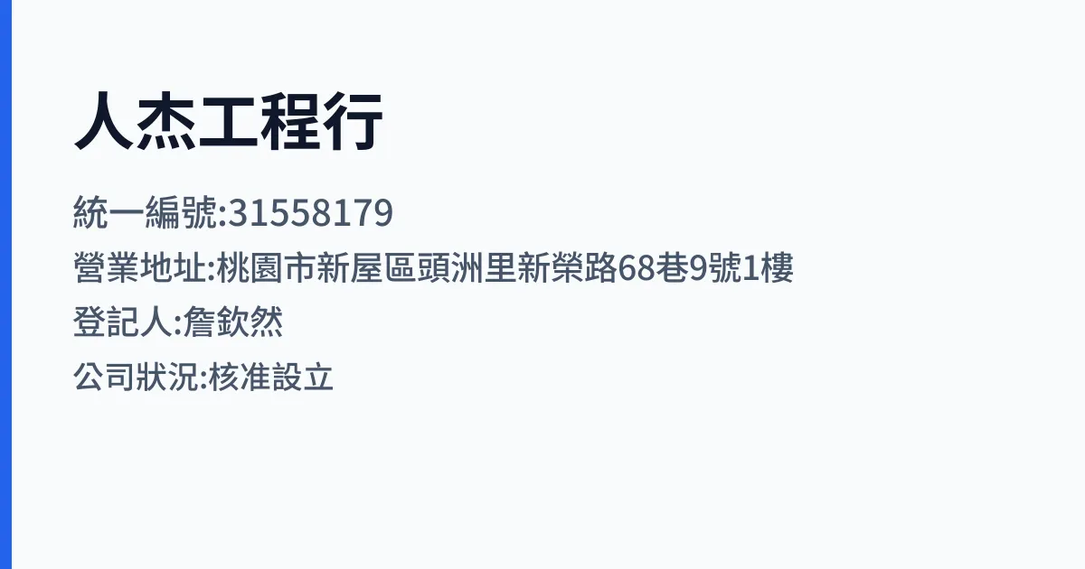 人杰工程行 - 統編 31558179(桃園市) 公司登記資料與營業項目詳細圖表