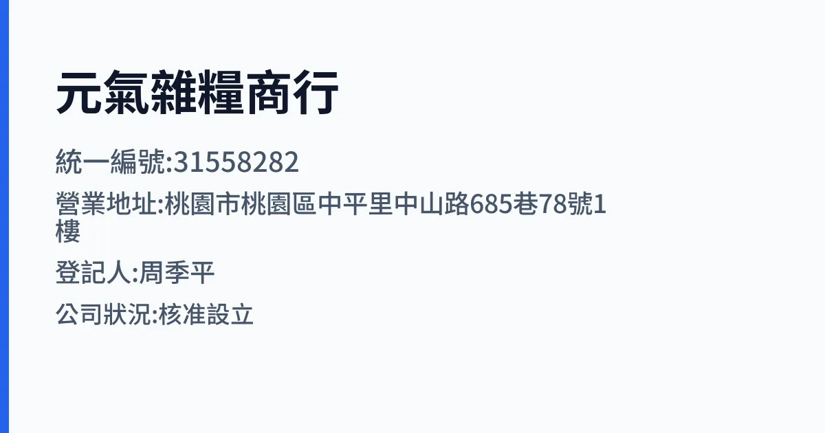 元氣雜糧商行 - 統編 31558282(桃園市) 公司登記資料與營業項目詳細圖表