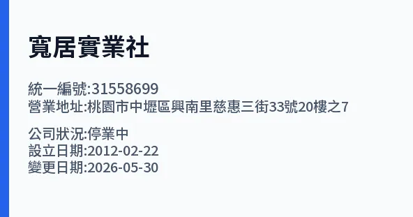 寬居實業社的照片-統編 31558699(桃園市) 公司登記資料與營業項目詳細圖表