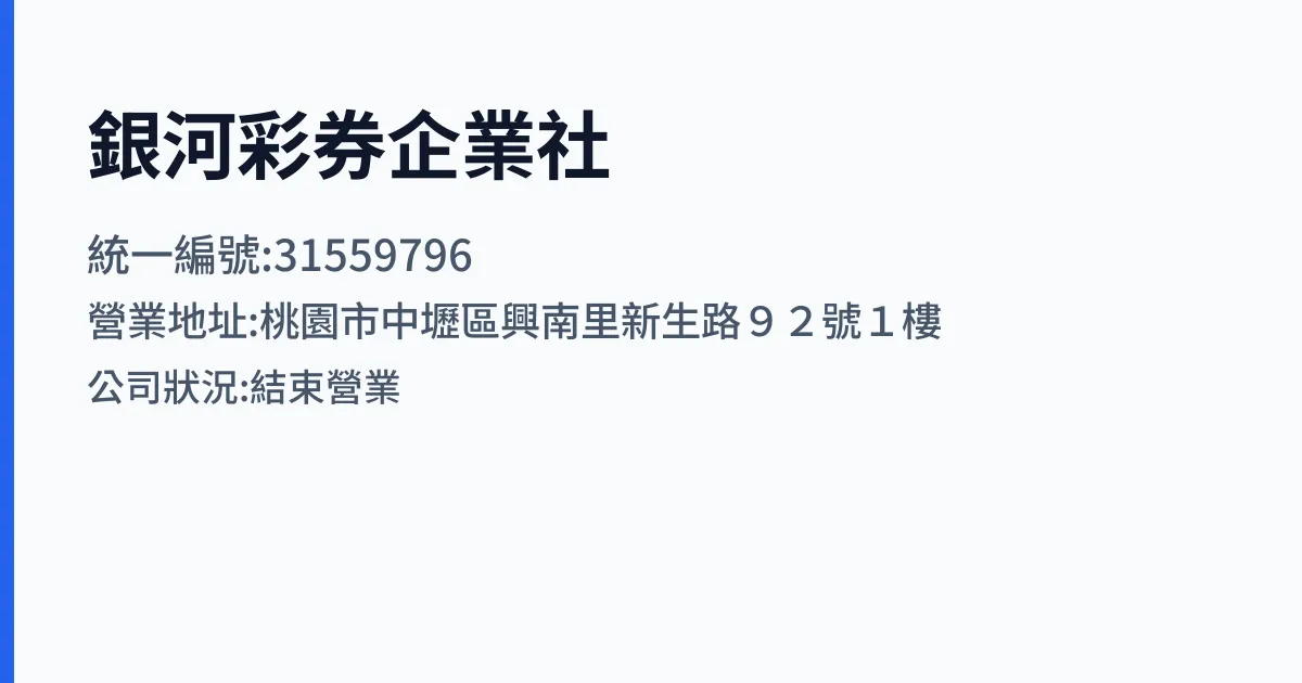 銀河彩券企業社 - 統編 31559796(桃園市) 公司登記資料與營業項目詳細圖表
