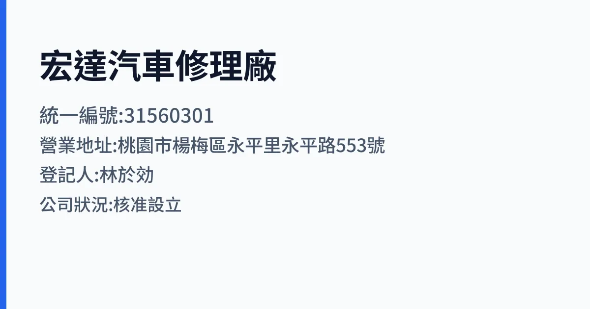 宏達汽車修理廠 - 統編 31560301(桃園市) 公司登記資料與營業項目詳細圖表
