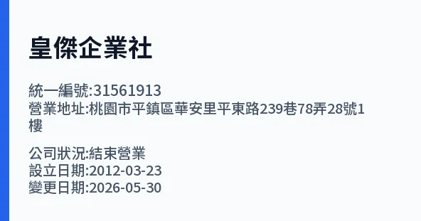皇傑企業社的照片-統編 31561913(桃園市) 公司登記資料與營業項目詳細圖表