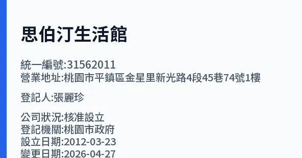 思伯汀生活館的照片-統編 31562011(桃園市) 公司登記資料與營業項目詳細圖表