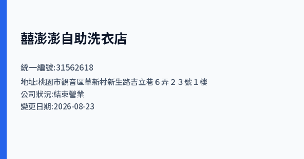 囍澎澎自助洗衣店的照片-統編 31562618(桃園市) 公司登記資料與營業項目詳細圖表