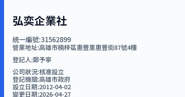 弘奕企業社的照片-統編 31562899(高雄市) 公司登記資料與營業項目詳細圖表