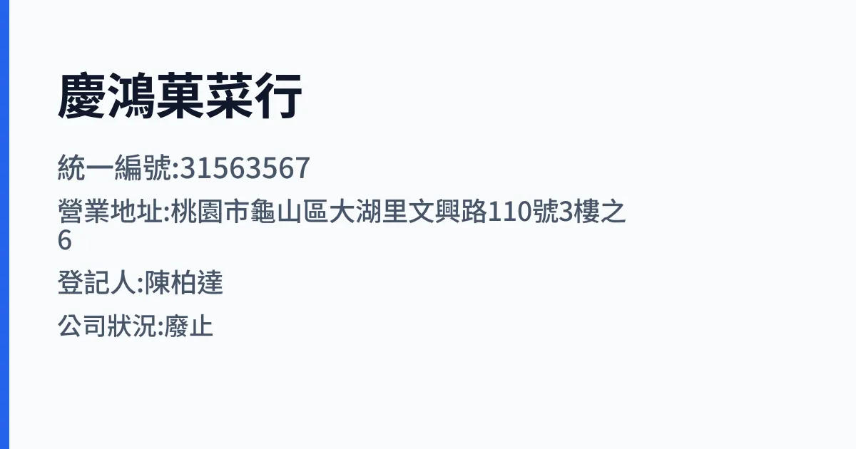 慶鴻菓菜行 - 統編 31563567(桃園市) 公司登記資料與營業項目詳細圖表
