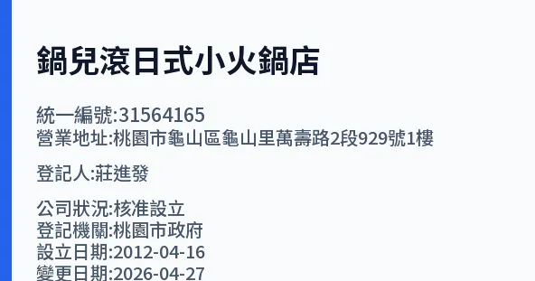 鍋兒滾日式小火鍋店的照片-統編 31564165(桃園市) 公司登記資料與營業項目詳細圖表