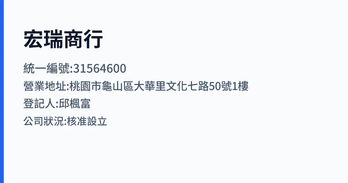 宏瑞商行 - 統編 31564600(桃園市) 公司登記資料與營業項目詳細圖表