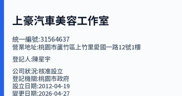 上豪汽車美容工作室的照片-統編 31564637(桃園市) 公司登記資料與營業項目詳細圖表