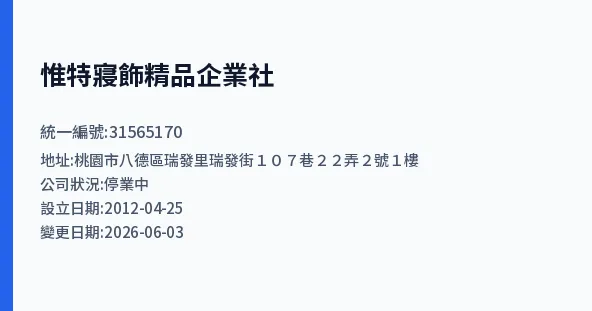 惟特寢飾精品企業社的照片-統編 31565170(桃園市) 公司登記資料與營業項目詳細圖表