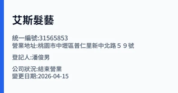 艾斯髮藝的照片-統編 31565853(桃園市) 公司登記資料與營業項目詳細圖表