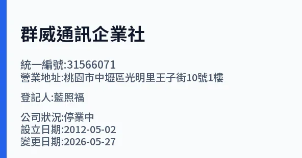 群威通訊企業社的照片-統編 31566071(桃園市) 公司登記資料與營業項目詳細圖表