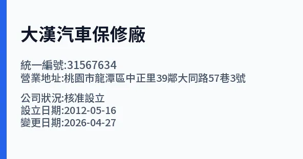 大漢汽車保修廠的照片-統編 31567634(桃園市) 公司登記資料與營業項目詳細圖表
