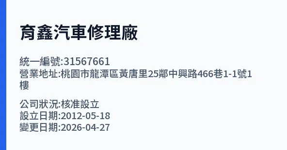育鑫汽車修理廠的照片-統編 31567661(桃園市) 公司登記資料與營業項目詳細圖表