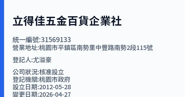 立得佳五金百貨企業社的照片-統編 31569133(桃園市) 公司登記資料與營業項目詳細圖表