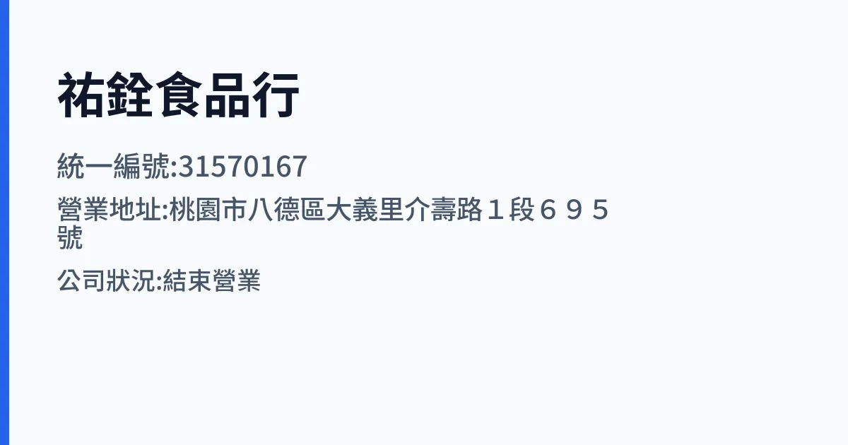 祐銓食品行 - 統編 31570167(桃園市) 公司登記資料與營業項目詳細圖表