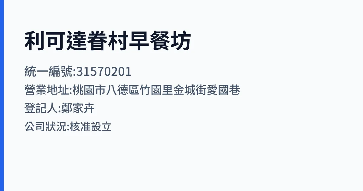 利可達眷村早餐坊 - 統編 31570201(桃園市) 公司登記資料與營業項目詳細圖表