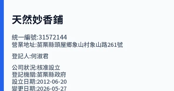 天然妙香鋪的照片-統編 31572144(苗栗縣) 公司登記資料與營業項目詳細圖表