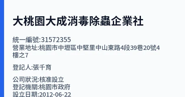 大桃園大成消毒除蟲企業社的照片-統編 31572355(桃園市) 公司登記資料與營業項目詳細圖表