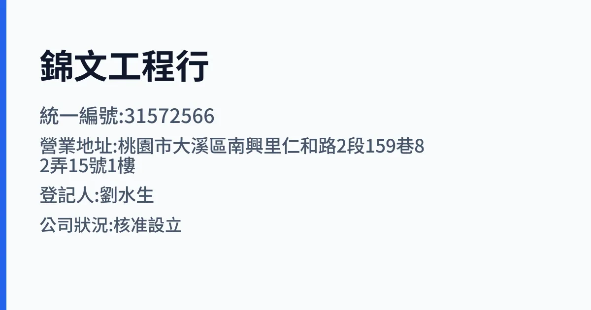 錦文工程行 - 統編 31572566(桃園市) 公司登記資料與營業項目詳細圖表