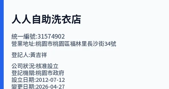 人人自助洗衣店的照片-統編 31574902(桃園市) 公司登記資料與營業項目詳細圖表