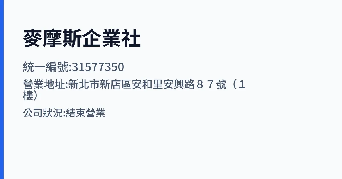 麥摩斯企業社 - 統編 31577350(新北市) 公司登記資料與營業項目詳細圖表
