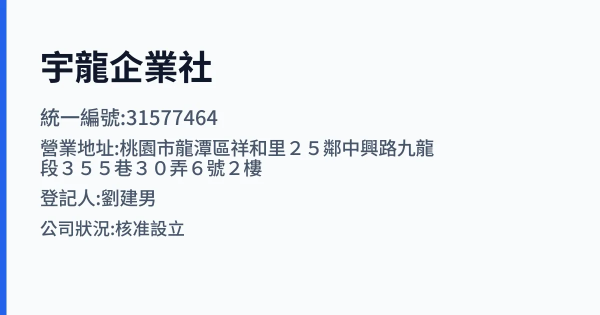 宇龍企業社 - 統編 31577464(桃園市) 公司登記資料與營業項目詳細圖表