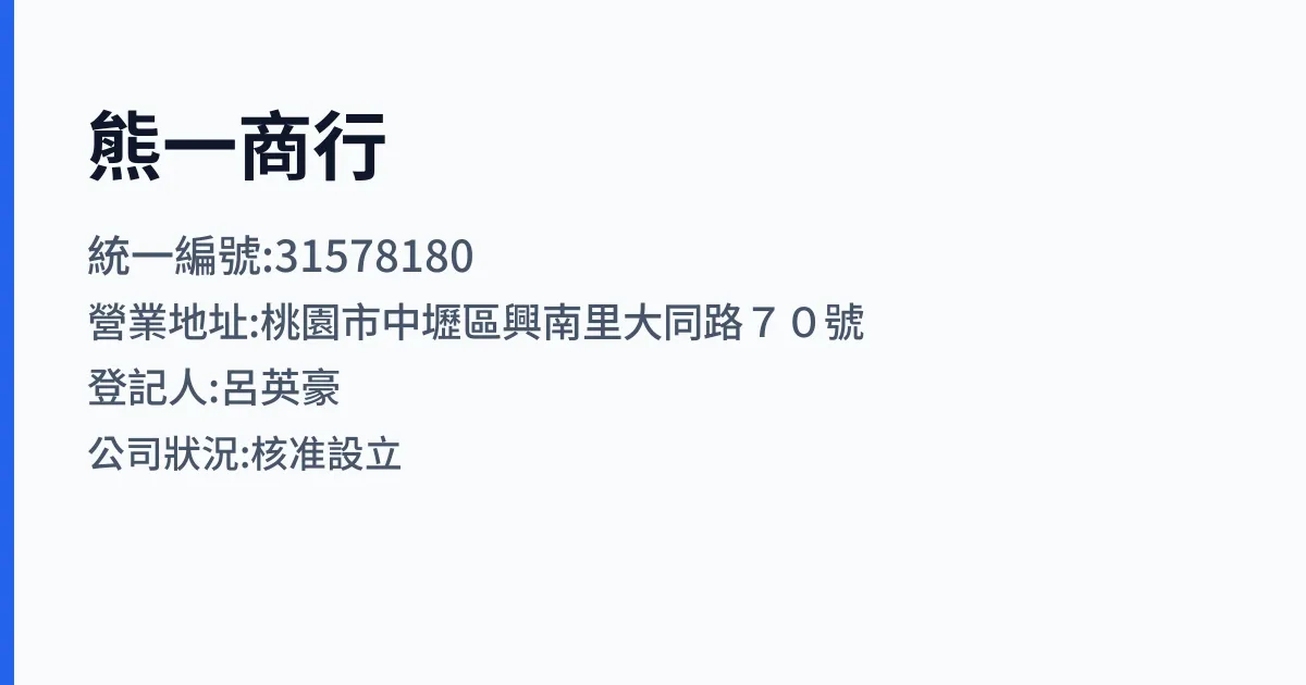 熊一商行 - 統編 31578180(桃園市) 公司登記資料與營業項目詳細圖表