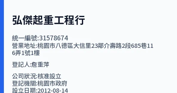 弘傑起重工程行的照片-統編 31578674(桃園市) 公司登記資料與營業項目詳細圖表