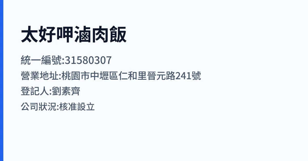 太好呷滷肉飯 - 統編 31580307(桃園市) 公司登記資料與營業項目詳細圖表
