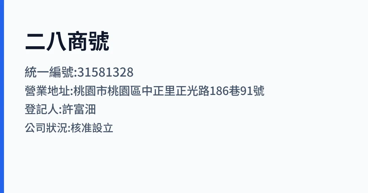 二八商號 - 統編 31581328(桃園市) 公司登記資料與營業項目詳細圖表