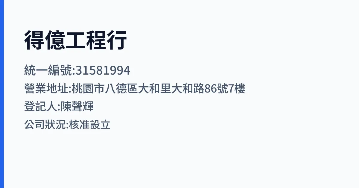得億工程行 - 統編 31581994(桃園市) 公司登記資料與營業項目詳細圖表