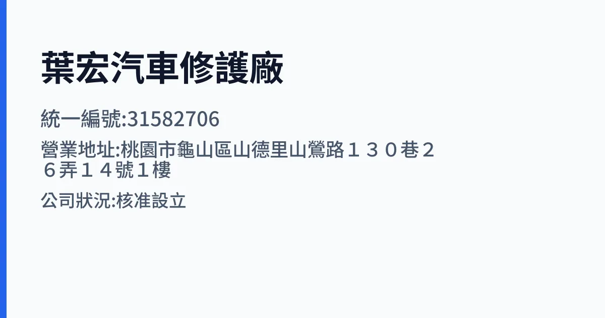葉宏汽車修護廠 - 統編 31582706(桃園市) 公司登記資料與營業項目詳細圖表