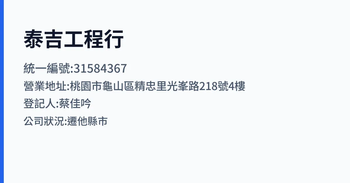 泰吉工程行 - 統編 31584367(南投縣) 公司登記資料與營業項目詳細圖表