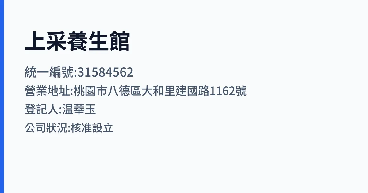 上采養生館 - 統編 31584562(桃園市) 公司登記資料與營業項目詳細圖表