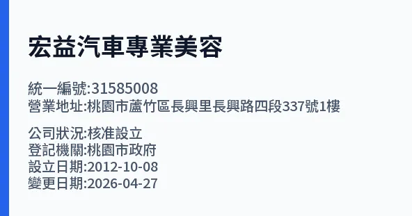 宏益汽車專業美容的照片-統編 31585008(桃園市) 公司登記資料與營業項目詳細圖表