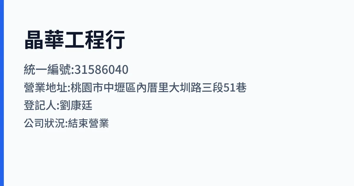 晶華工程行 - 統編 31586040(桃園市) 公司登記資料與營業項目詳細圖表