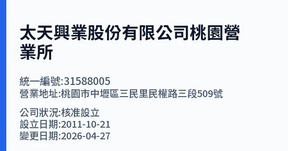 太天興業股份有限公司桃園營業所的照片-統編 31588005(桃園市) 公司登記資料與營業項目詳細圖表