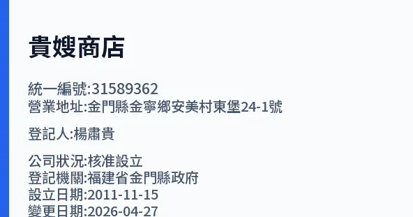 貴嫂商店的照片-統編 31589362(金門縣) 公司登記資料與營業項目詳細圖表
