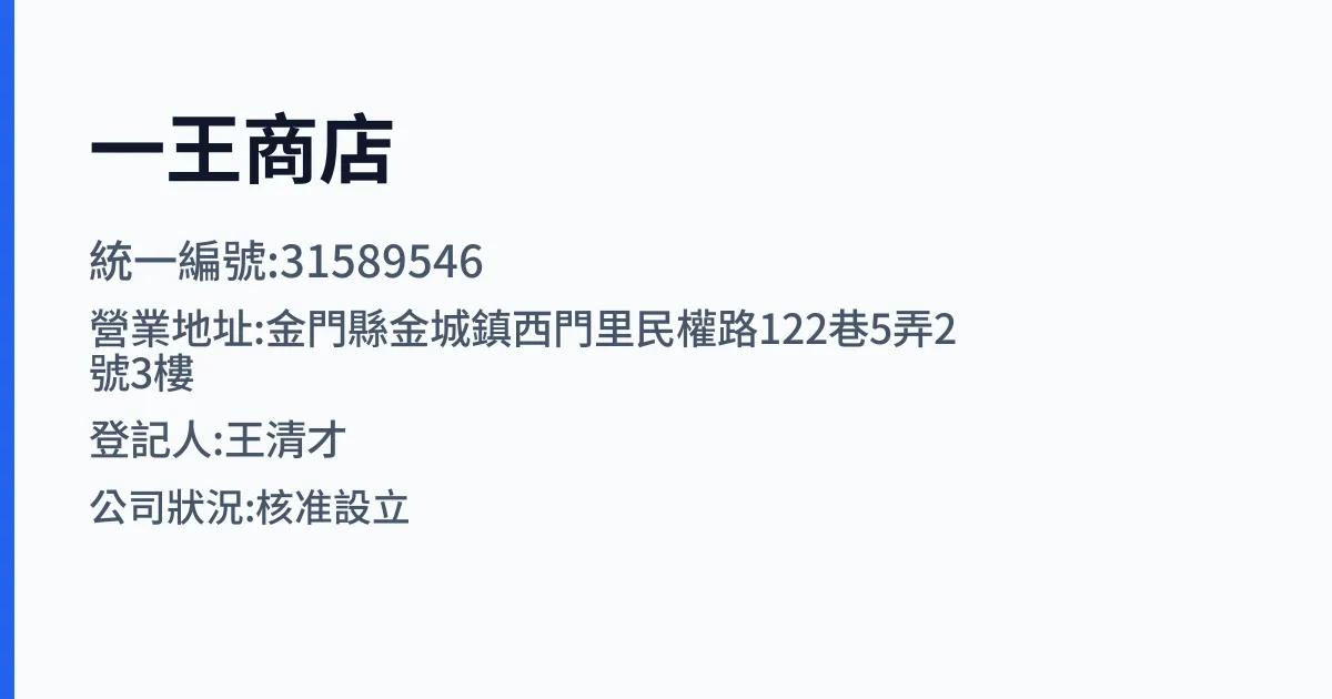 一王商店 - 統編 31589546(金門縣) 公司登記資料與營業項目詳細圖表