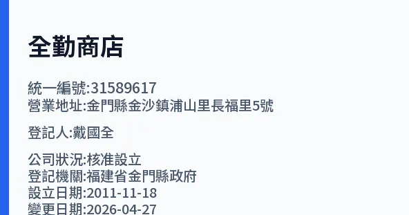 全勤商店的照片-統編 31589617(金門縣) 公司登記資料與營業項目詳細圖表