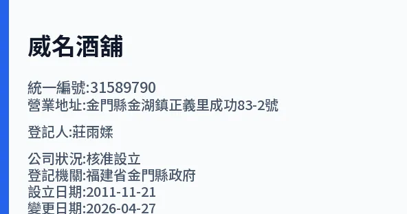 威名酒舖的照片-統編 31589790(金門縣) 公司登記資料與營業項目詳細圖表