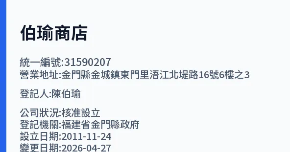 伯瑜商店的照片-統編 31590207(金門縣) 公司登記資料與營業項目詳細圖表