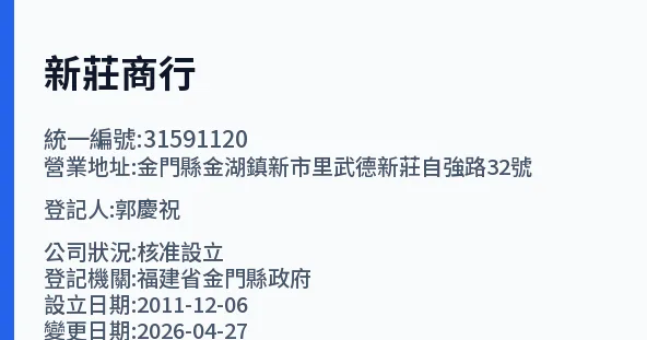 新莊商行的照片-統編 31591120(金門縣) 公司登記資料與營業項目詳細圖表
