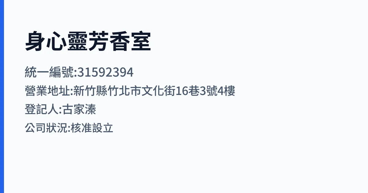 身心靈芳香室 - 統編 31592394(新竹縣) 公司登記資料與營業項目詳細圖表