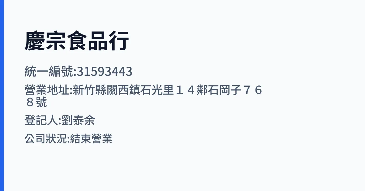 慶宗食品行 - 統編 31593443(新竹縣) 公司登記資料與營業項目詳細圖表