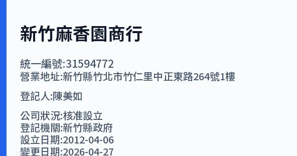 新竹麻香園商行的照片-統編 31594772(新竹縣) 公司登記資料與營業項目詳細圖表