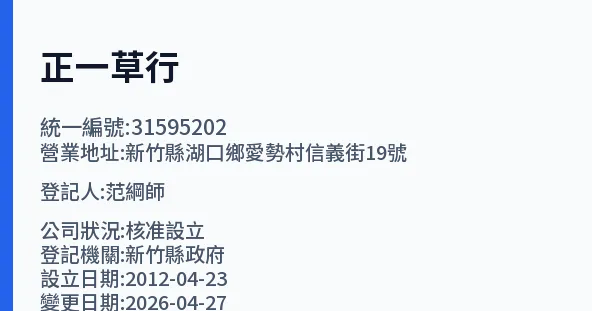 正一草行的照片-統編 31595202(新竹縣) 公司登記資料與營業項目詳細圖表